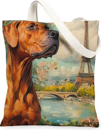 Generic Sac fourre-tout en toile motif chien Rhodesian Ridgebacks printaniers 33 x 38,1 cm, sac d&eacute;picerie r&eacute;utilisable pour femme, animal de compagnie, peintu