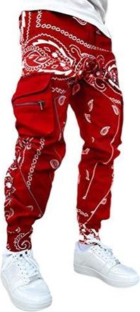 ORANDESIGNE Pantalons Cargo à Imprimé Cachemire Homme Pantalon Sport Multi Poches Casual Mode Slim Fit Pantalons Jogging Rouge L