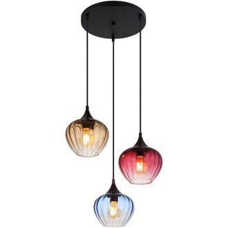 Globo Lighting Lampe &agrave; suspendre 3 flammes Lampe de salle &agrave; manger Lampe &agrave; suspendre r&eacute;tro en verre Lampe de salon, rouge ambre bleu, 3x E27, DxH 45 x 150 cm