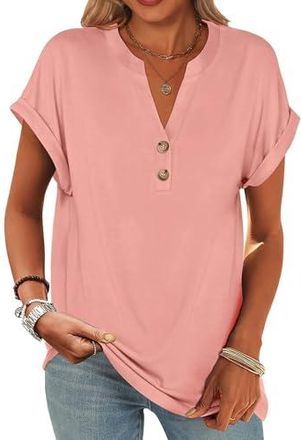 Zeagoo T-shirt dété décontracté à manches courtes pour femme - Coupe ample - Tunique boutonnée, rose, XL