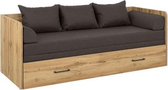PEGANE Lit canap&eacute; convertible 80-160x200 cm coloris Ch&ecirc;ne wotan avec coffre de rangement, matelas et 3 oreillers gris anthracite - Longueur 200,5 x