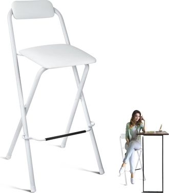 Generic Klappbarer Barhocker, 65 cm/70 cm/75 cm Tragbarer Gepolsterter Tresenhocker mit Fu&szlig;st&uuml;tze R&uuml;ckenlehne f&uuml;r K&uuml;che, B&uuml;ro, Party, Wei&szlig;(Seat Height 28)