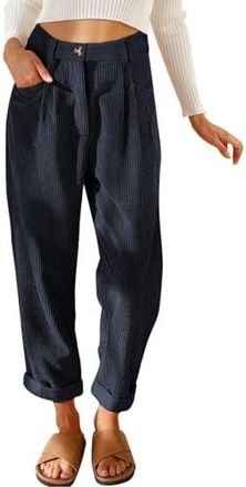 Generic Pantalon taille haute pour femme - Pantalon d&eacute;contract&eacute; taille haute en velours c&ocirc;tel&eacute; avec poches Pantalon tendance pour lautomne et le quotidien, Bl