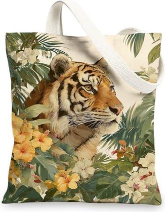 Generic Sac fourre-tout en toile motif floral de la jungle - Sacs dépicerie réutilisables - Légers et lavables - Sac en toile, multicolore, 13x15 Inch