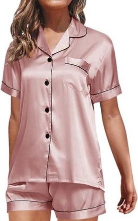 Generic Pyjama Femme Ensemble Court en Satin Sexy : Loungewear Femmes Ensemble &Eacute;t&eacute; avec Boutonni&egrave;re Manches Courtes Pyjama Shorts Soie Ensemble Pyjama Couleur