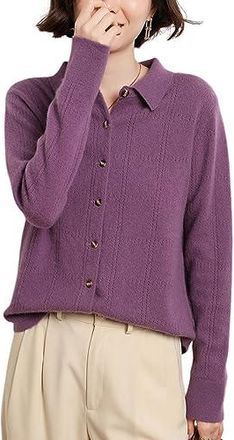 Dissa Gilet Cachemire Femme Revers Violet Boutonn&eacute; Tricot&eacute; en Vrac Manches Longues Fin Cardigan en Cachemire et Laine,44,DF8014