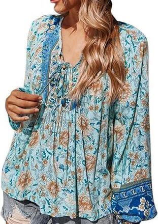 Generic Chemisier ample en dentelle boh&egrave;me pour femme - Col en V - Motif floral brod&eacute; - Tunique d&eacute;t&eacute; indienne &agrave; volants sur le devant - Pour les personnes &acirc;g&eacute;