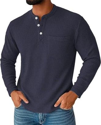 Generic Chemise Henley avec poches pour homme - T-shirt &agrave; manches longues - Coupe r&eacute;guli&egrave;re - Col rond - Avec bouton - T-shirt d&eacute;contract&eacute; et confortable - Po