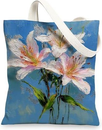 Generic Sac fourre-tout en toile à motif floral, sacs de courses vintage réutilisables, sac à main léger à bandoulière bleu 33 x 38,1 cm