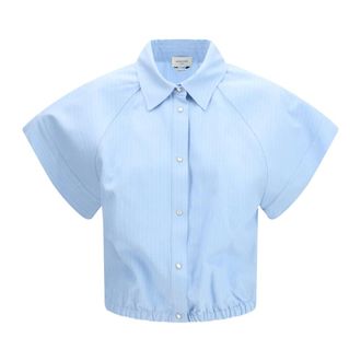 Jacob Cohen Chemise Manches Courtes en Viscose et Lin Ray&eacute;s - Femme - Blouses et Chemises - Bleu - Taille: 40 FR