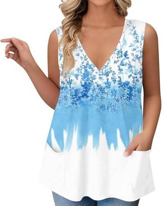 Generic Debardeur Femme Chic et &eacute;l&eacute;gant Chemisier sans Manche Imprim&eacute; D&eacute;bardeur Col V Top Ete Haut Chic et Elegant Fluide Ample Caraco Vetement Femme Ete Tee 