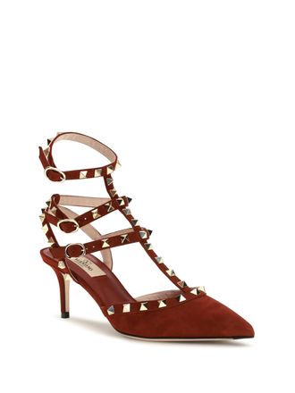 Valentino Garavani Womens Rockstud Suede Pumps Russet Red High Heel Shoes