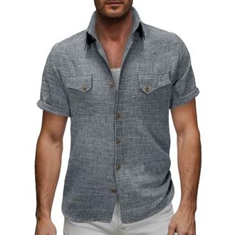 Generic Chemise en lin boutonn&eacute;e &agrave; manches courtes pour homme - Couleur unie - Deux poches - Chemise de travail urbaine &eacute;l&eacute;gante vintage d&eacute;contract&eacute;e et de tr