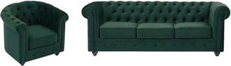 Vente-Unique Canap&eacute; 3 Places et Fauteuil en Velours Vert Chesterfield