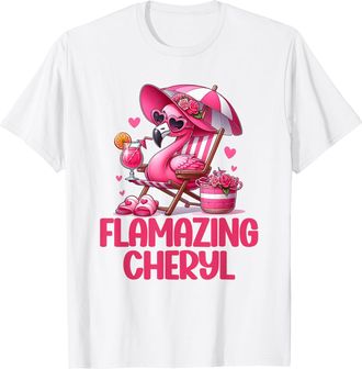 BDAZ Flamazing Cheryl Pink Flamingo Tropical Beach Scene Damen T-Shirt