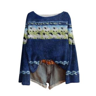 Generic Pull pour femme - Imprim&eacute; artistique - Col rond - Pull tricot&eacute; &agrave; manches longues - Coupe ample - L&eacute;ger - Doux - Extensible - Confortable - Chemisier d