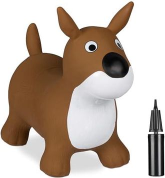 Relaxdays Hüpftier Hund, Springtier, bis 50 kg, BPA frei, Kinder ab 3 Jahren, inklusive Luftpumpe, Hopser, braun/weiß