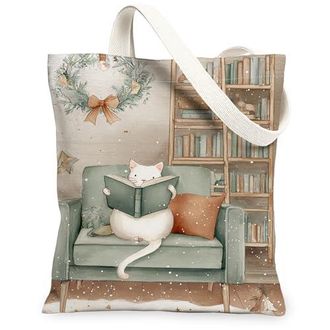 Generic Sac fourre-tout en toile motif chat dhiver, confortable, sac de courses r&eacute;utilisable, sac de courses saisonnier, vintage, l&eacute;ger et lavable, Vert, 13x1