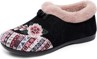 Generic Pantoufles ethniques brod&eacute;es en peluche pour femme - Coupe large - Style boh&egrave;me - Motif floral - Boutons - Pour lhiver - Chaudes - Doublure en polaire