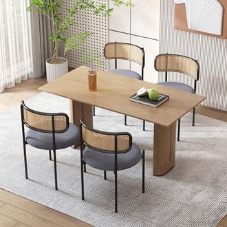 Merax Lot de 4 chaises de Cuisine, avec Dossier en rotin, Modernes chaises de Salle &agrave; Manger, avec Quatre Pieds de Support en m&eacute;tal, Velours, Gris