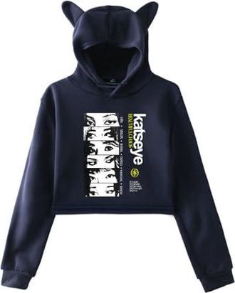 Generic Katseye Merch Beautiful Chaos Cat Ear Hoodie Femmes Manches Longues Sweat &agrave; Capuche Mode Crop Tops, bleu marine, XXS