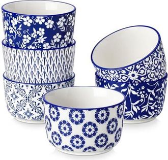 VANCASSO Ramequins Lot, 6 X 180 ML Ramequins et Moules à Soufflés en Porcelaine Bleu et Blanc, Ramequin Creme Brulee pour Muffin et Gâteau, Ramequin Pour à Crè