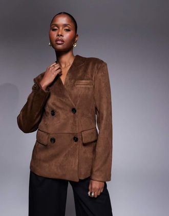 River Island Blazer sans col en su&eacute;dine - Marron-Brown