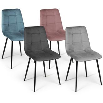 IDMarket Idmarket - Lot de 4 chaises MILA en velours matelass&eacute; - Couleurs pastel bleu, gris clair, gris fonc&eacute;, rose - Pieds en m&eacute;tal noir mat - Hauteur