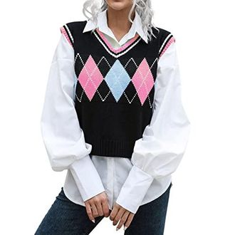 Generic Gilet sans Manche Femme Gilet Femme D&eacute;contract&eacute; Quotidien Ville Tricot Carreaux Col V - Pull Court pour Look Campus Ou Week-End