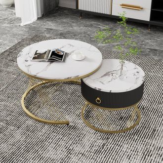 Merax Rund Couchtisch Set mit Stauraum, 2-in-1 Beistelltisch 2er Satztisch Modern Wohnzimmertisch mit Hochglanz-Marmor-Optik, Golden Metallgestell/Nesting-D