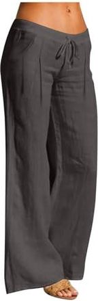 Generic Pantalon d&eacute;contract&eacute; en lin pour femme - Taille basse - Jambes larges - Pour voyage, plage, vacances, &eacute;t&eacute;, gris fonc&eacute;, XXL