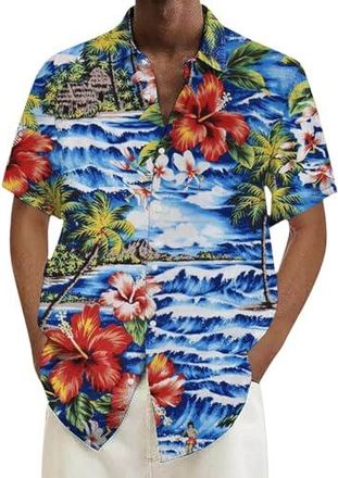 Generic Chemise hawaïenne à manches courtes pour homme - Coupe ajustée - Légère - Infroissable - Boutonnée - Décontractée - Chemise de plage - Chemise de vaca
