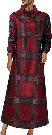 Generic Robe longue pour femme - Automne/hiver - Grande robe vintage à carreaux - Taille 44, Rouge, XL
