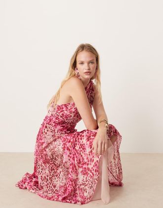 Mango Robe longue et asym&eacute;trique &agrave; volants et imprim&eacute; animal - Rose