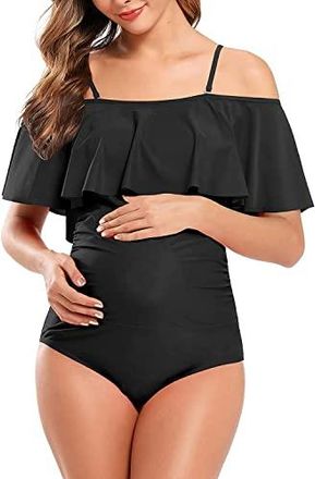 SHEKINI Maillots de bain de maternité à épaules dénudées Maillot de bain une pièce à volants, Noir, XXL