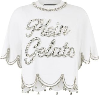 Philipp Plein Femme, Tops, Blanc, Taille: 42 FR Cropped T-Shirt Crystal Waves