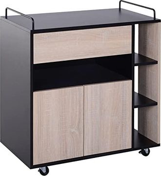 HOMCOM Chariot de Service desserte de Cuisine à roulettes Multi-rangements Placard Double Portes + 3 étagères + Niche + tiroir Panneaux Particules Noir chêne