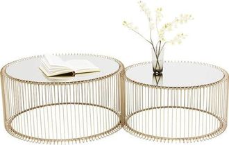 Kare Design Design Tables Basses Wire, Lot de 2, Laiton/Miroir, Rond, Acier, Plateau de Table en Verre, Diamètre 70/60cm, Style Moderne, Élégante, Table Basse Sal
