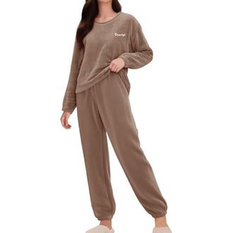 Generic Ensemble de pyjama en polaire pour femme - Pyjama chaud en flanelle pour femme - Pyjama dhiver moelleux et chaud &agrave; manches longues - 2 pi&egrave;ces - Sans c