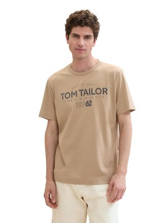 Tom Tailor Herren Basic T-Shirt mit Logo-Print, hazel brown melange, XL
