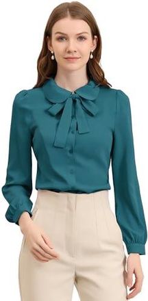 Allegra K Femme Chemisier Col Claudine Nouer Col Boutonné Paon Bleu XL