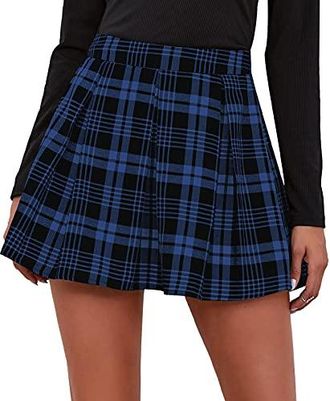 Feoya Vintage Femme Short Skirt Carreaux Taille Haute Jupe Ecossaise Courte Pliss&eacute;e &Eacute;cole Classique &Eacute;tiquette XL Bleu
