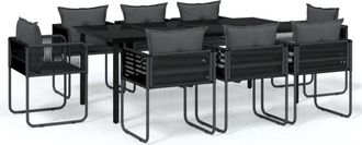 vidaXL Vidaxl - Ensemble table et chaise de jardin 9 pcs - Acier enduit de poudre et verre tremp&eacute; - Chaises en r&eacute;sine tress&eacute;e avec coussins - Noir