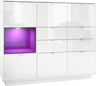 Vladon Highboard Sideboard Metro V2, Made in Germany, Korpus in Weiß Hochglanz/Fronten in Weiß Hochglanz mit Einsatz in Brombeer Hochglanz, inkl. LED Beleuch