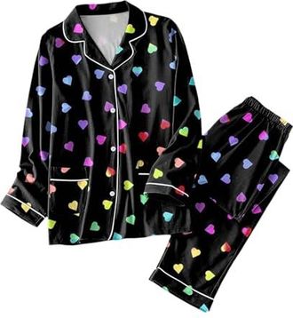 Generic Pyjama assorti pour femme pour la Saint-Valentin 2026 - Pyjama long classique boutonn&eacute; en satin avec poches, bleu, XXL