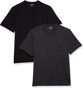 Amazon Essentials T-Shirts Col en v à Manches Courtes Homme, Lot de 2, Charbon Chiné/Noir, XXL