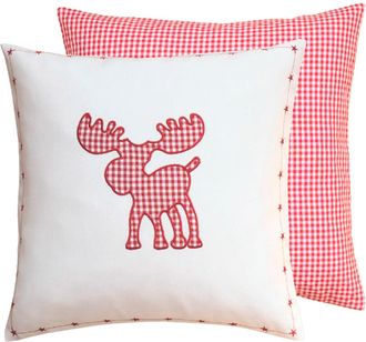 Heimtexland Kissenhülle Weihnachten aus Vichy Karo rot weiß mit süßer Elch Applikation Bestickt und Sterne Bordüre Kissen Typ292