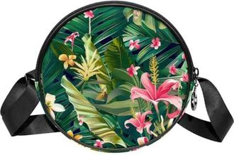 Generic Petit sac &agrave; bandouli&egrave;re rond pour femme, motif plantes tropicales, sac &agrave; dos avec fermeture &eacute;clair, bretelles r&eacute;glables, sac &agrave; main rond d&eacute;contract&eacute; p