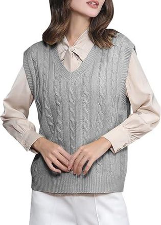 Generic HUIFUAO - Pull sans manches &agrave; col en V pour femme, grande taille, gilet tricot&eacute; basique Preppy doux et chaud, gris, XXL