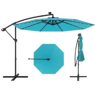 Costway Costway - Parasol D&eacute;port&eacute; Excentr&eacute; 3M Hexagonale, avec 40 led Solaire, Inclinable, 8 Baleines en M&eacute;tal, Base Crois&eacute;e, Parasol &agrave; Manivelle, Turquoise